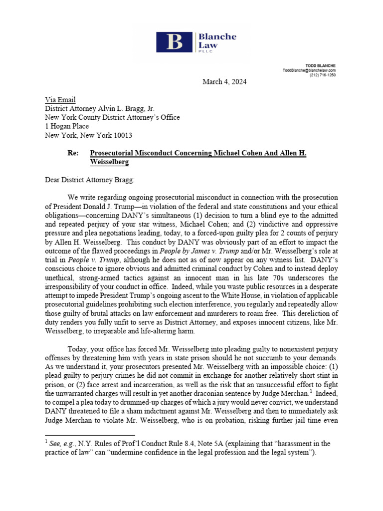 Trump, Cohen, and Weisselberg Misconduct | PDF | Perjury | Plea