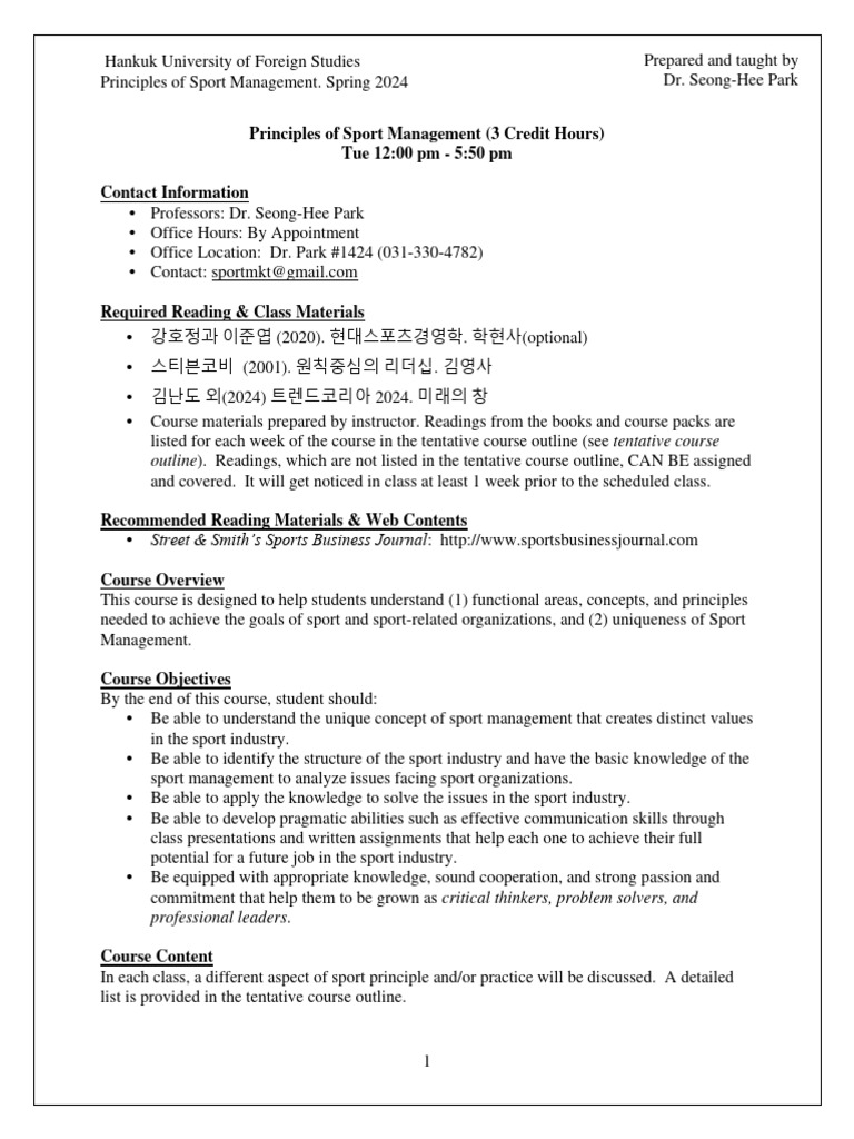 Syllabus For Principles of Sport Management - Spring 2024 | PDF ...