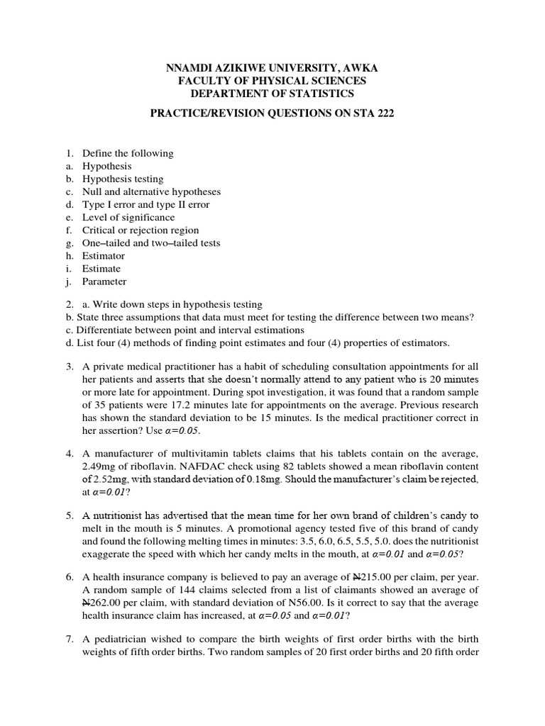 STA 222 Practice Questions | PDF | Standard Deviation | Hypothesis