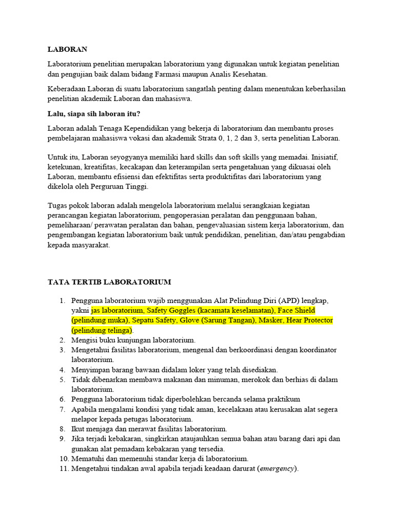 Panduan Laboran dan Tata Tertib Lab | PDF