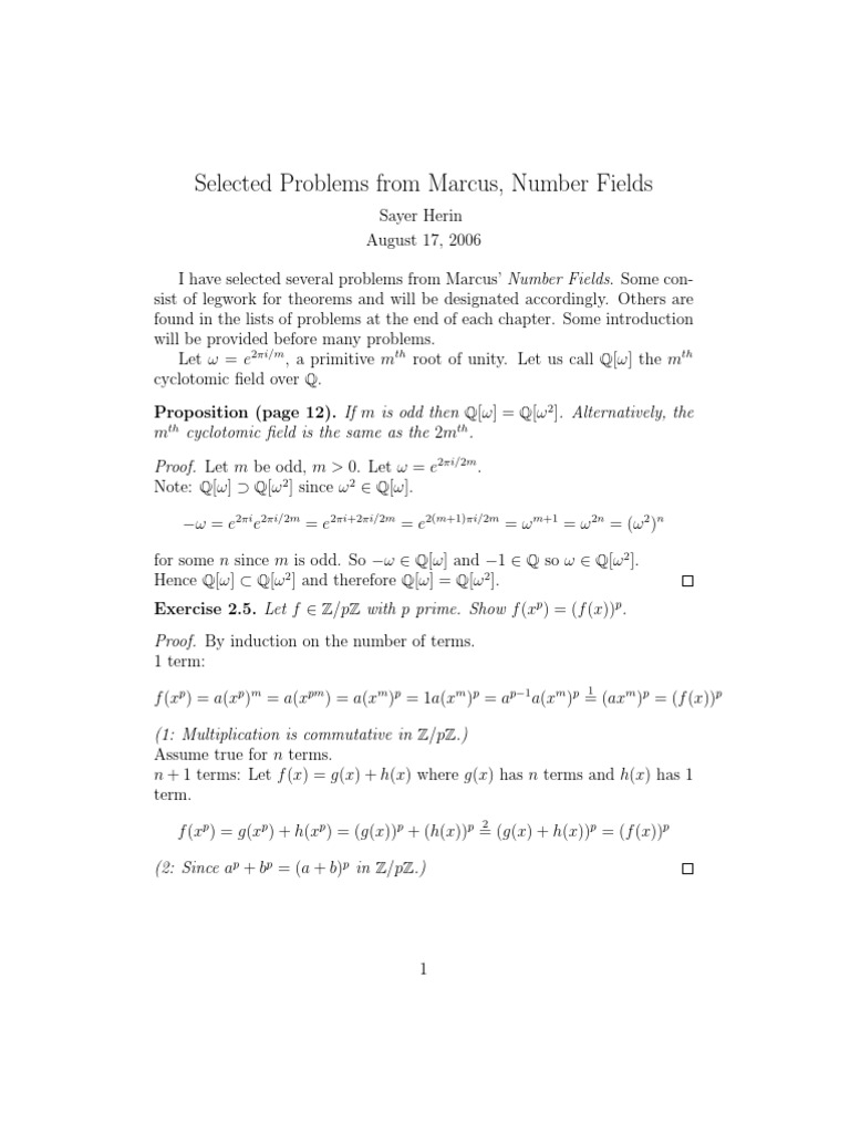Selected Problems from Marcus, Number Fields: 2πi/m th th | PDF | Determinant | Basis (Linear ...