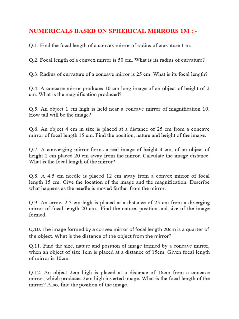 Numericals Bases On Spherical Mirrors | PDF | Glass Applications | Glass Engineering And Science
