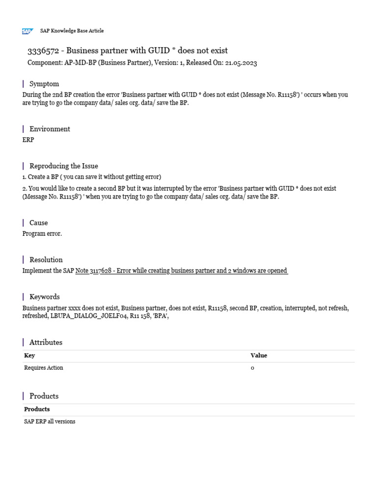 Business Partner With GUID Does Not Exist: Symptom | PDF