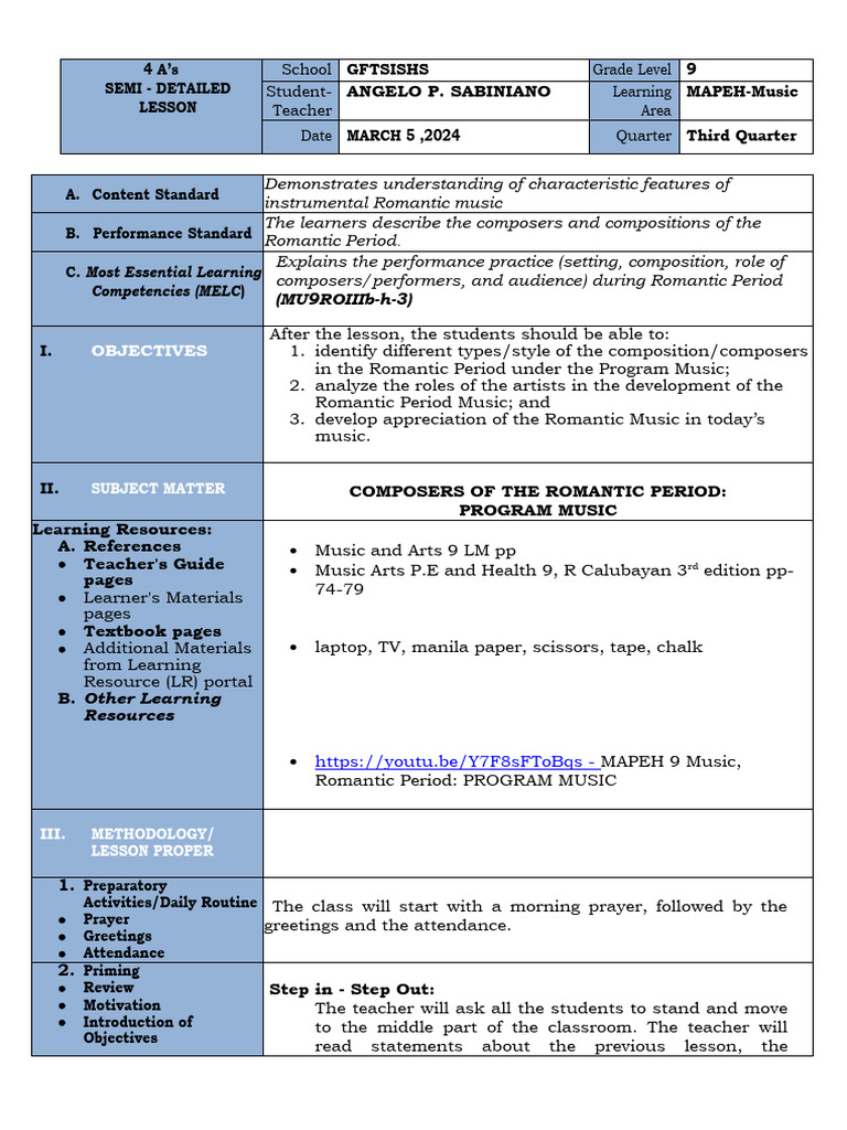 Mapeh 9 Lesson-Plan | PDF | Romantic Music | Franz Liszt