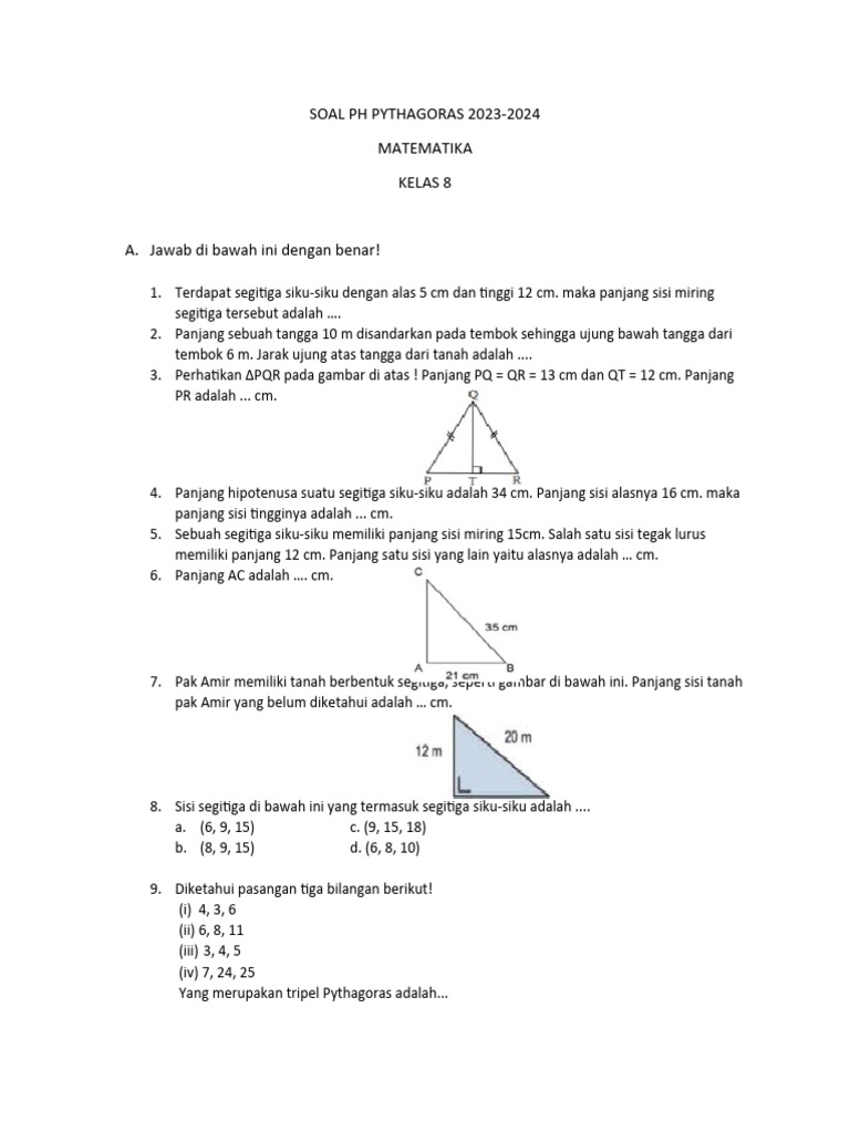 Soal PH Pythagoras 2023-2024 Matematika Kelas 8 | PDF | Olahraga & Rekreasi | Griya & Taman