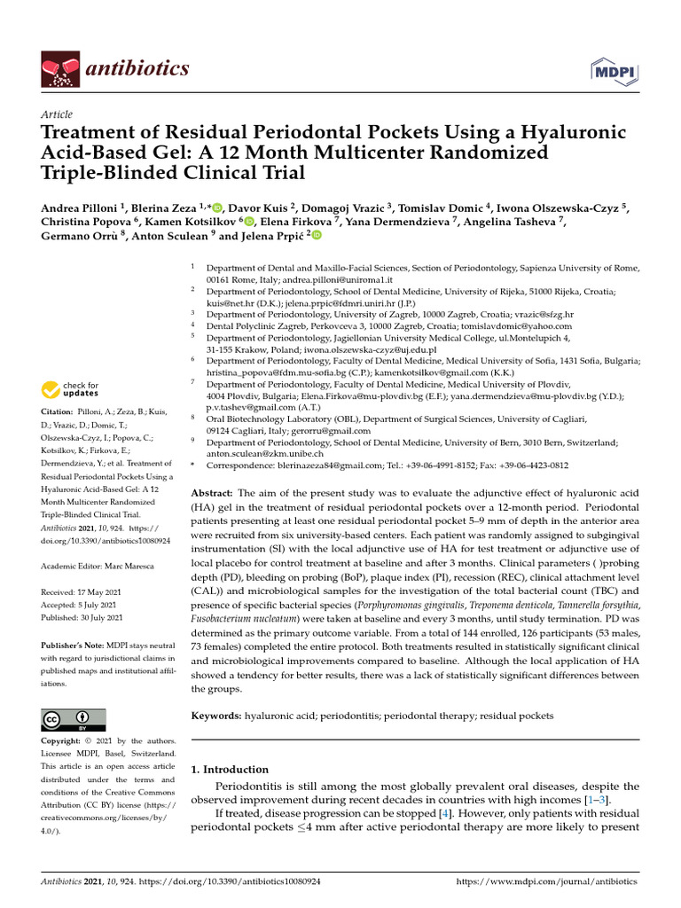 A. Pilloni Et Al. (2021) - Treatment of Residual Periodontal Pockets Using A Hyaluronic Gel ...