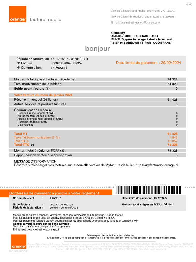 Facture Mobile Janvier 2024 - Coditrans | PDF | Facture | Taxe sur la ...