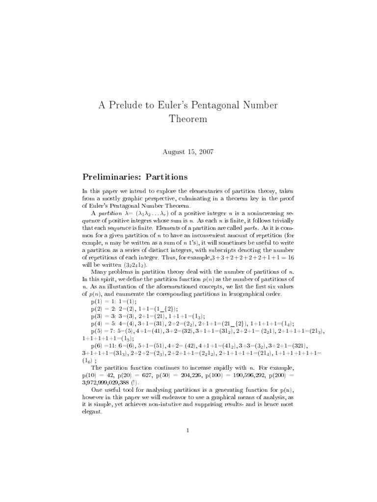 A Prelude To Euler's Pentagonal Number Theorem: Preliminaries ...