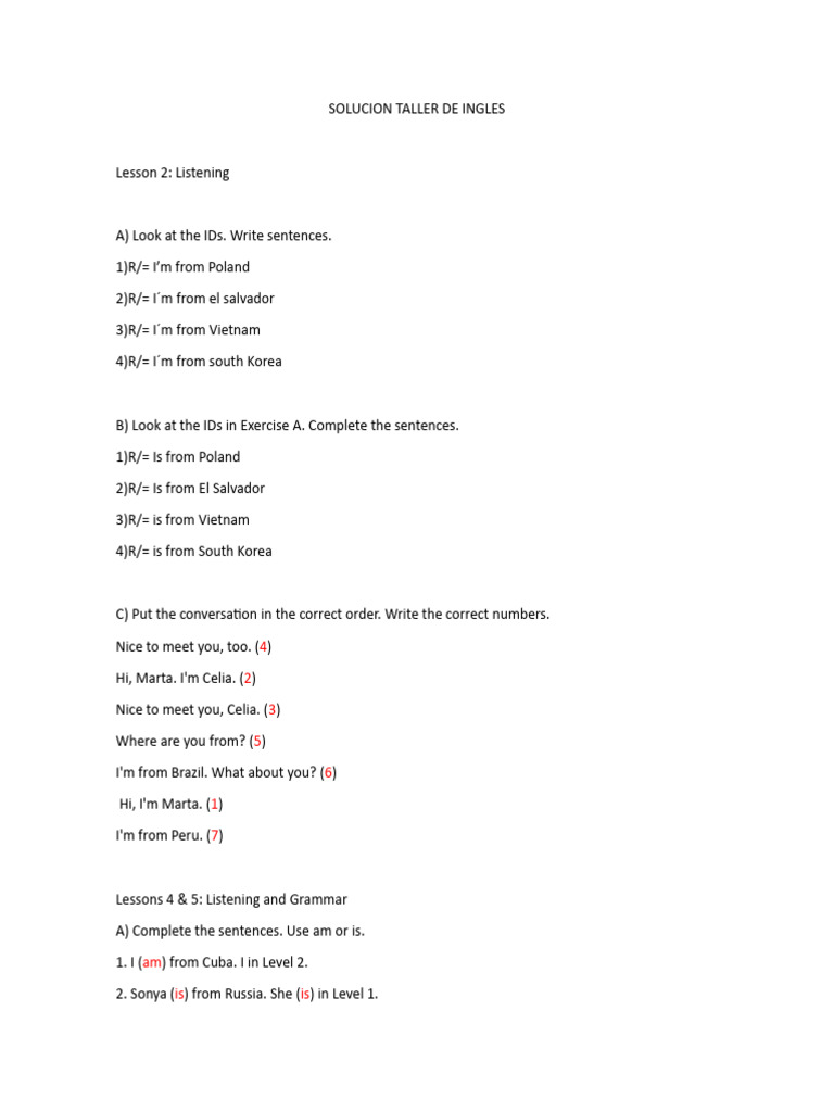 SOLUCION TALLER DE INGLES | PDF | Language Mechanics | Grammar