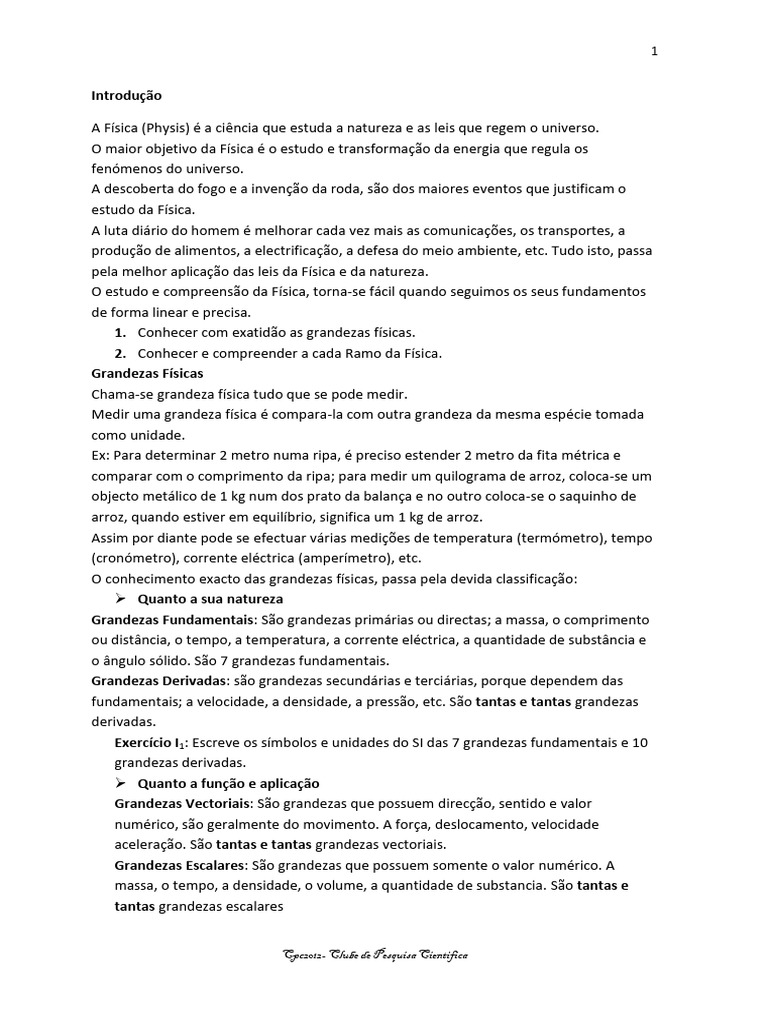 Fundamentos da Física e Grandezas Físicas | PDF | Iniciativa/Conjuntura ...