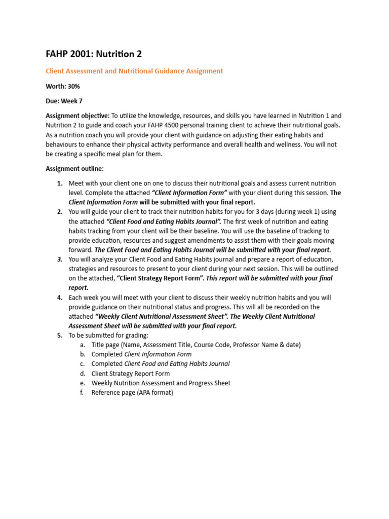 Client Assessment and Nutritional Guidance Assignment | PDF | Nutrition | Diet & Nutrition