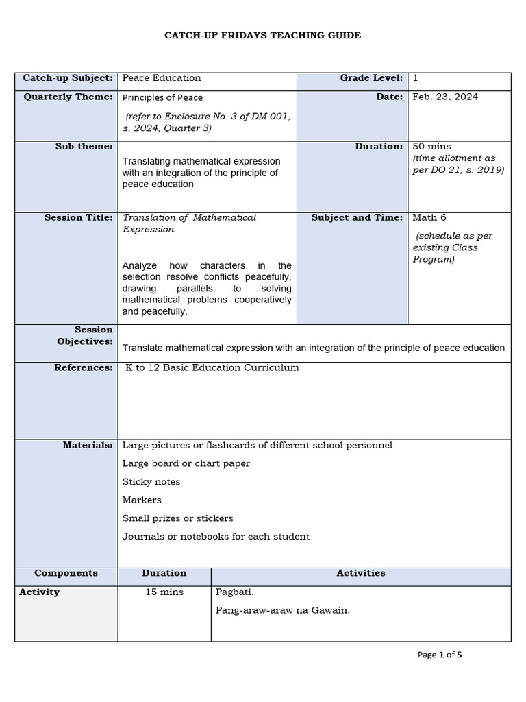 Sample Teaching Guide for Catch Up Fridays | PDF