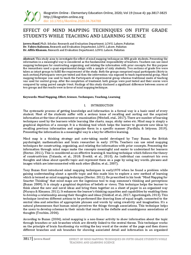 Effect of Mind Mapping Techniques On Fifth Grade Students While Teaching and Learning Science ...