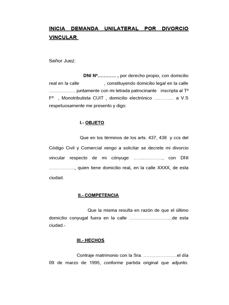 Modelo Demanda de Divorcio Unilateral | Descargar gratis PDF | Divorcio | Esposa