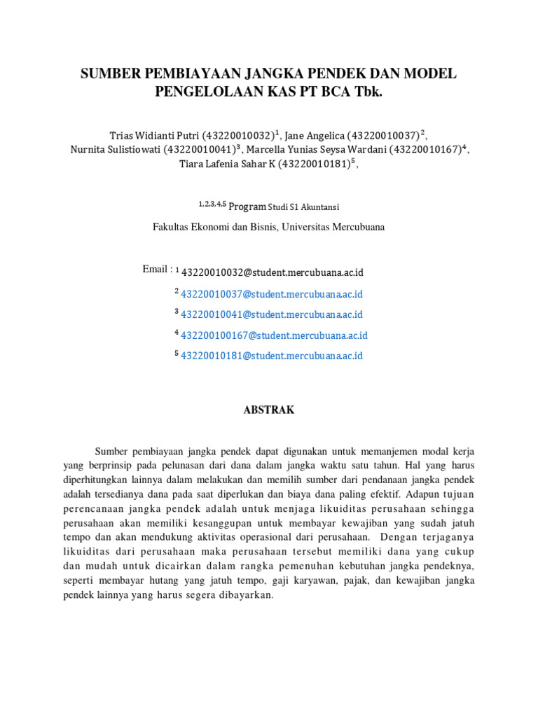Sumber Pembiayaan Jangka Pendek Dan Model Pengelolaan Kas PT Bca TBK ...