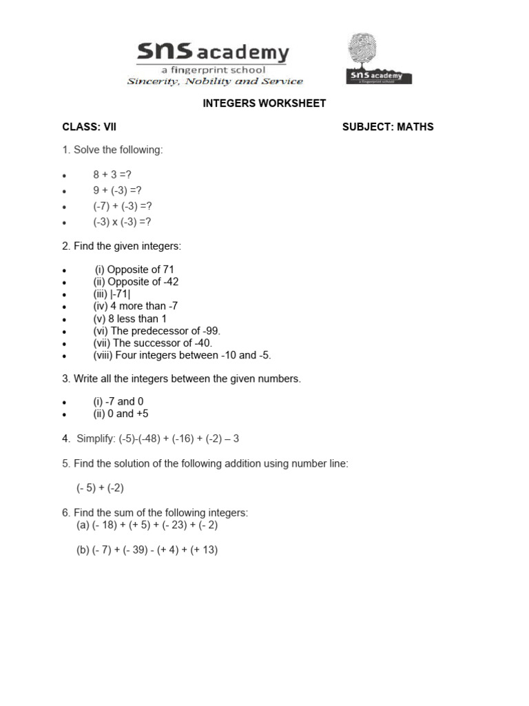 Integers Worksheet | PDF