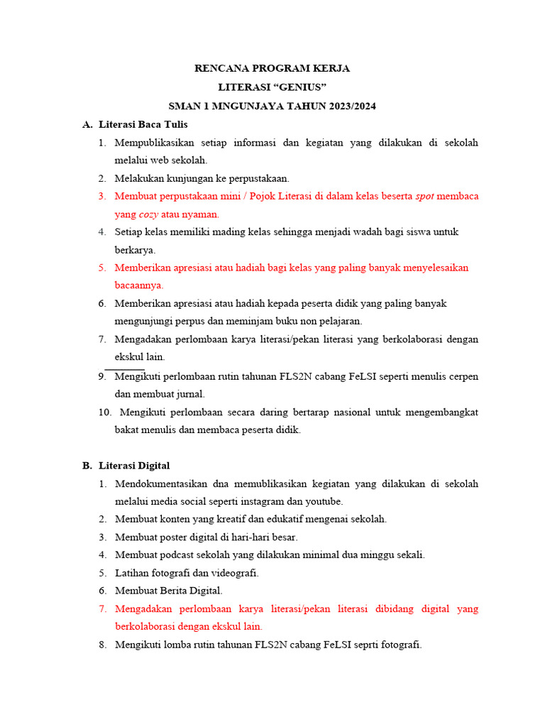 Rencana Program Kerja Literasi | PDF