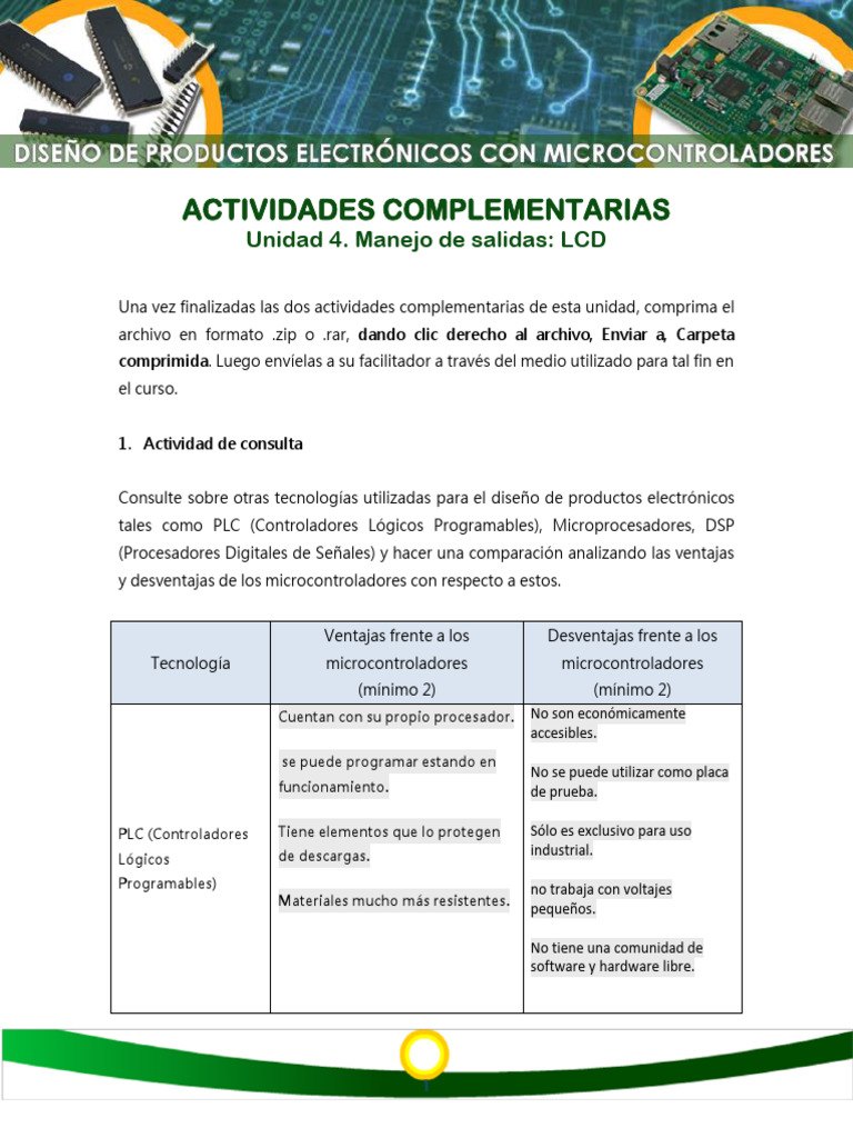 ACTIVIDADES COMPLEMENTARIAS U4 Unidad 4. Manejo de Salidas LCD | PDF | Microcontrolador ...