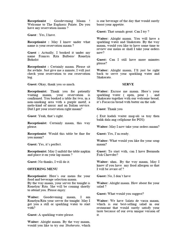 Taking Orders Script | PDF | Waiting Staff | Cuisine