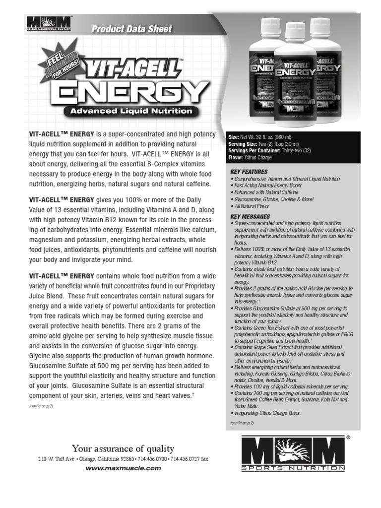 Vit-Acell Energy by Max Muscle Sports Nutrition | PDF | Nutrition ...