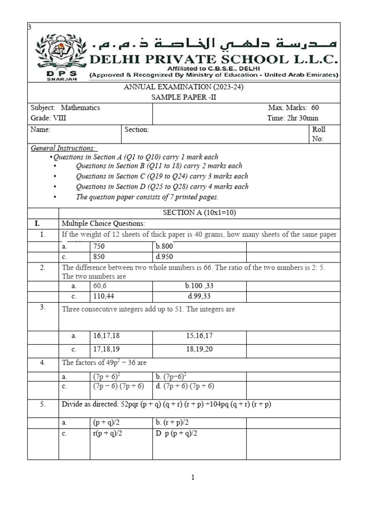 Fe-Math-G8-2023-24 - Sample Paper 2 | PDF | Speed | Area