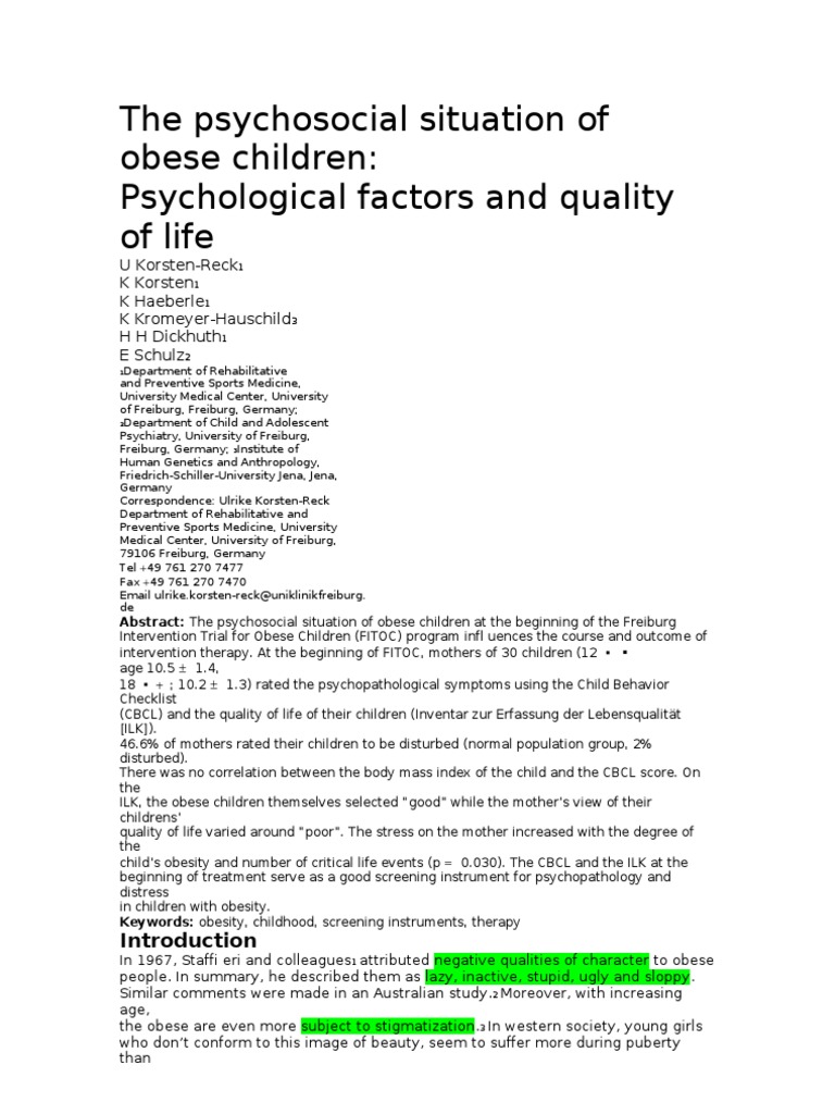 The Psychosocial Situation of Obese Children: Psychological Factors and ...