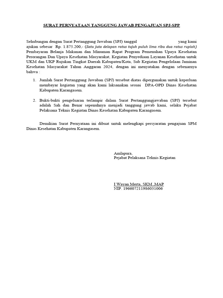 Surat Pernyataan Tanggung Jawab Pengajuan SPJ | PDF | Bisnis | Teknologi & Rekayasa