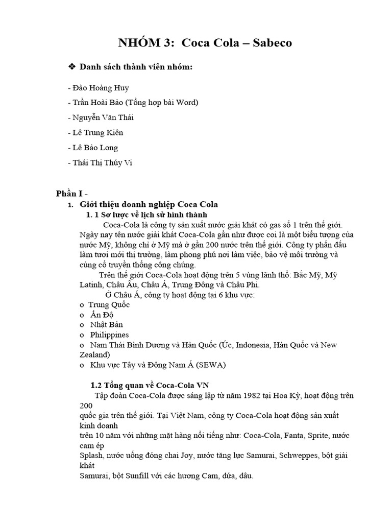 Nhóm 5 - Coca cola Sabeco - Word | PDF