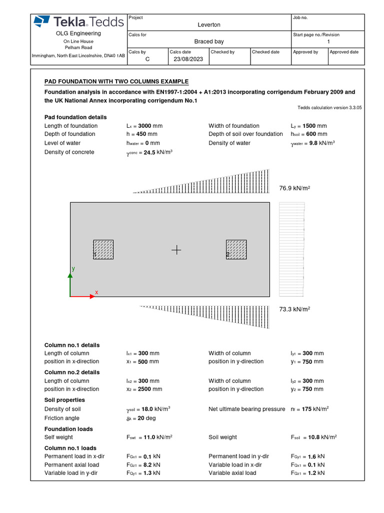 Pad Foundation With Two Columns Braced Bay | PDF | Bending | Mechanics