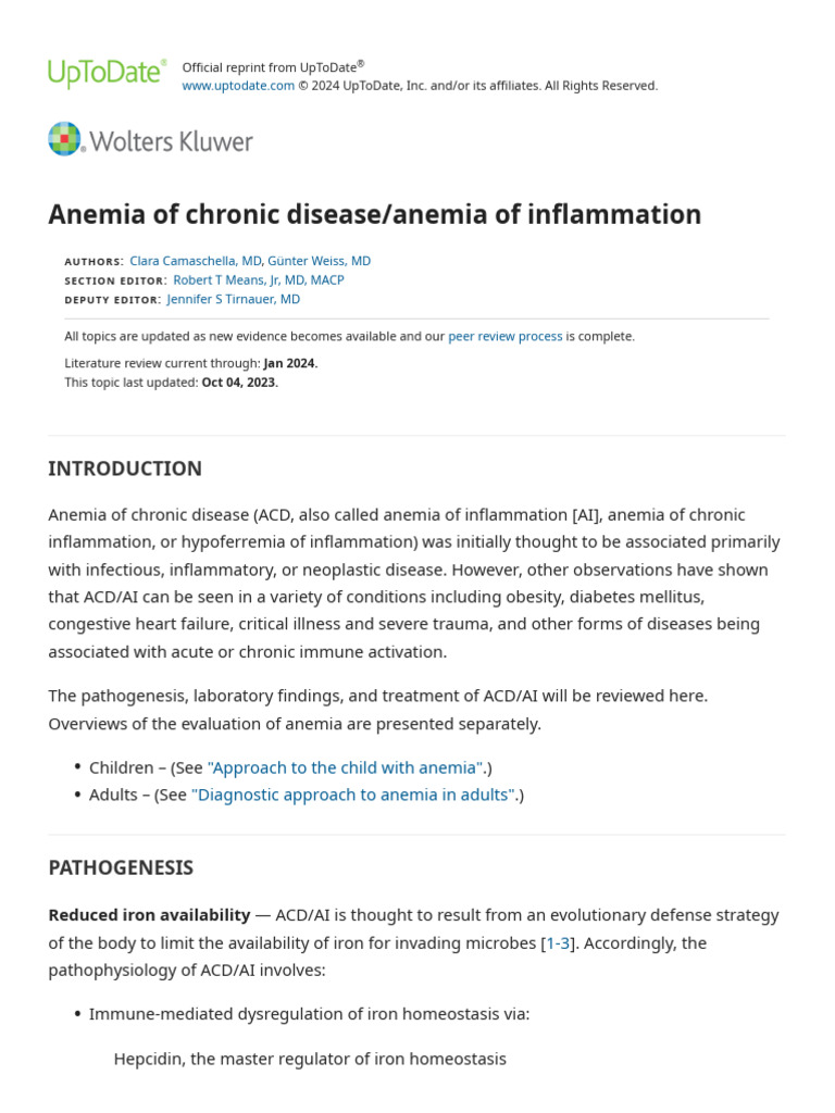 Anemia of Chronic Disease - Anemia of Inflammation - UpToDate | PDF ...