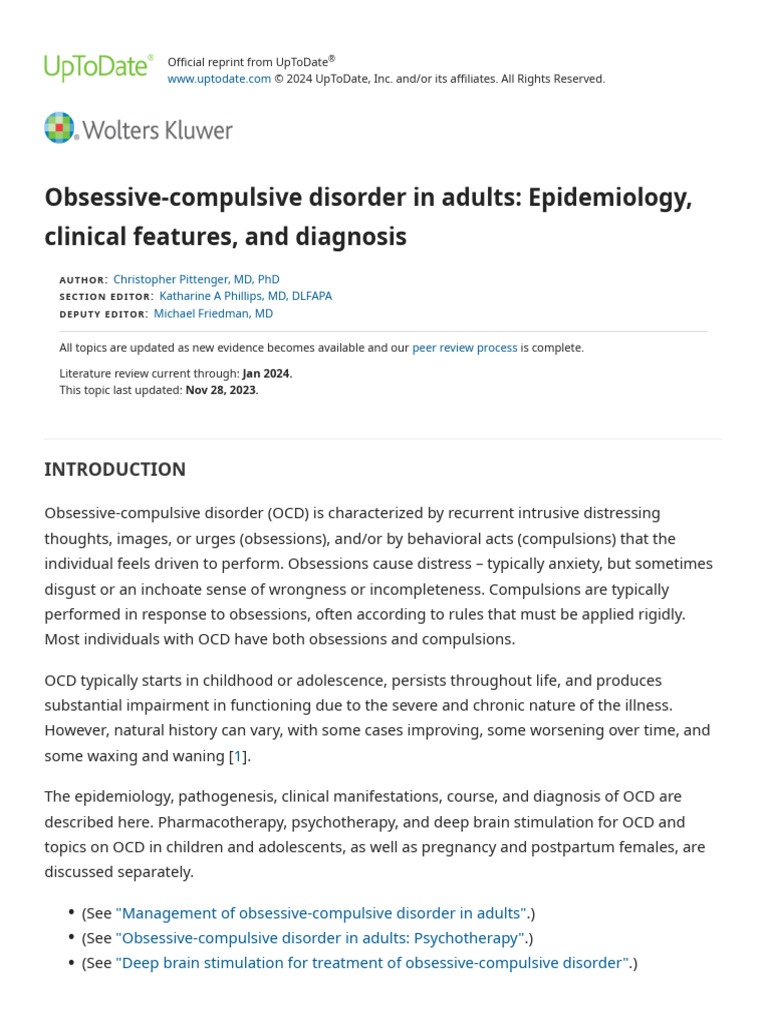 Obsessive-Compulsive Disorder in Adults - Epidemiology, Clinical Features, and Diagnosis ...