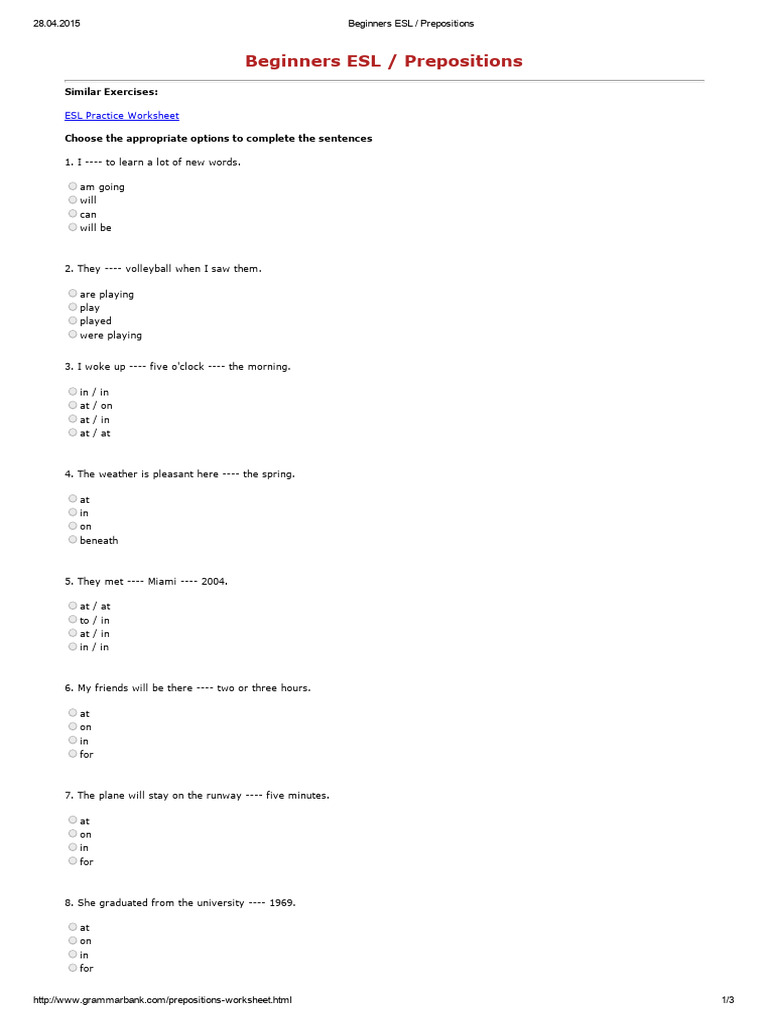 Beginners ESL - Prepositions | PDF | Linguistics