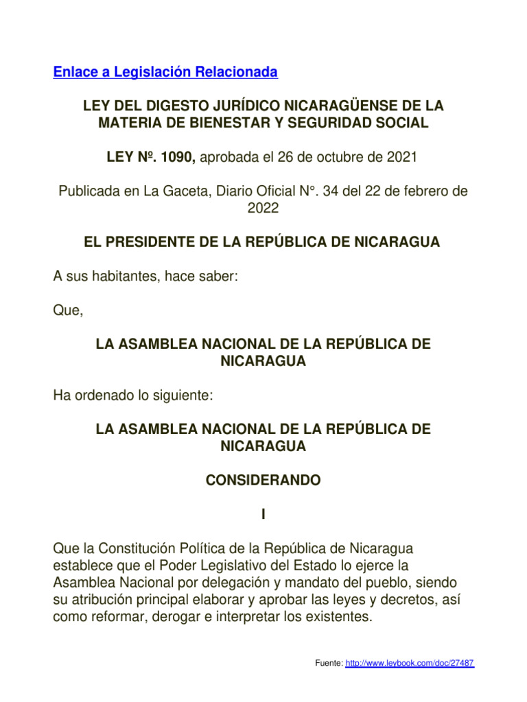 Ley 1090 Digesto SS y Trabajo | PDF | Nicaragua | Pensión
