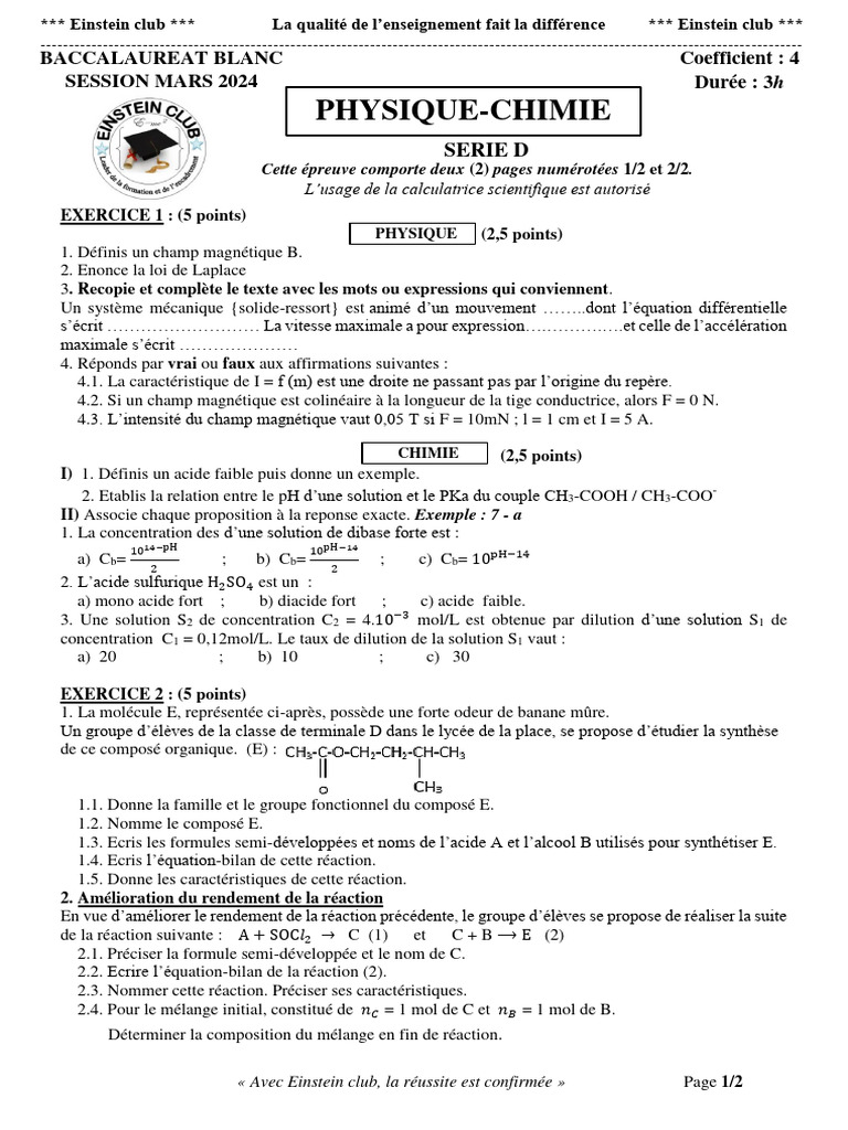 Bac Blanc Physique-Chimie 2024 | PDF | Quantité | Grandeur physique