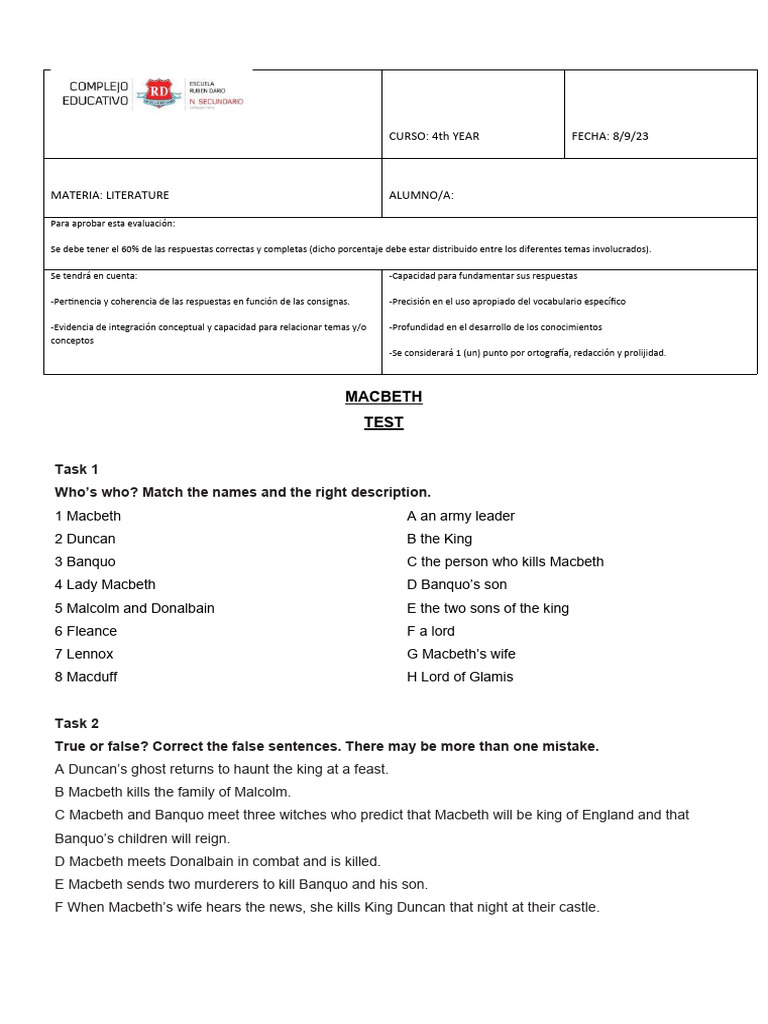 Macbeth Test | PDF | Macbeth | Literary Archetypes