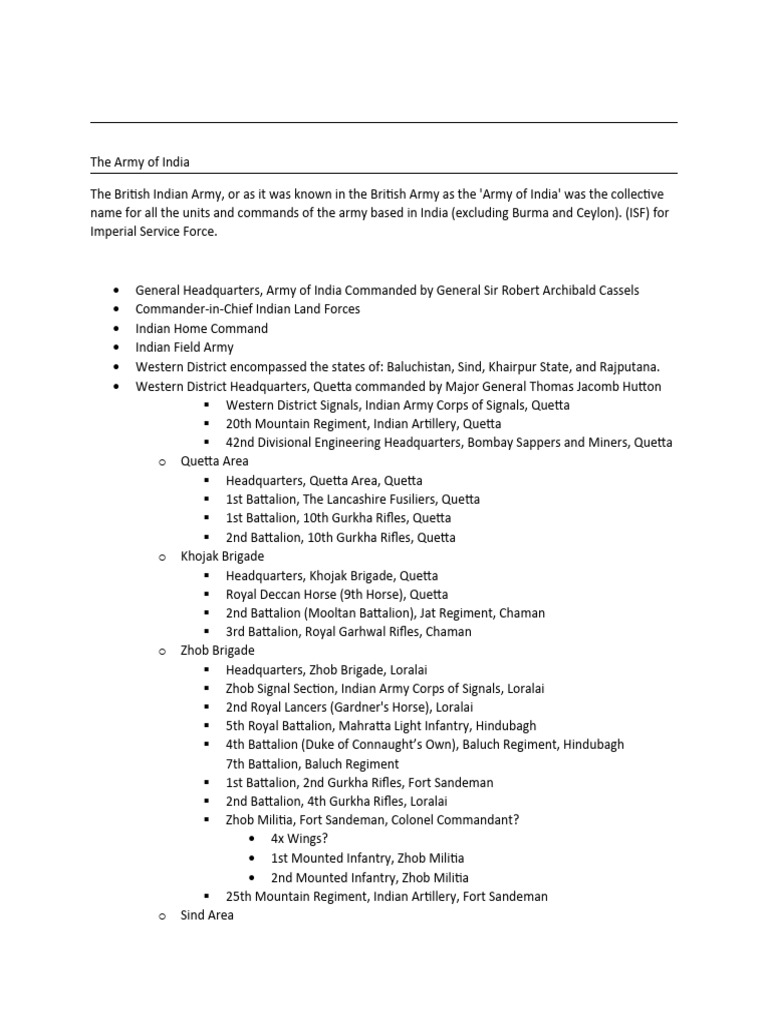 Structure of British Indian Army | PDF | Regiment | Battalion