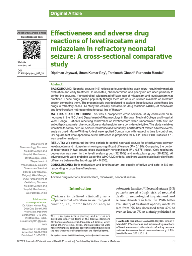 Effectiveness and Adverse Drug Reactions of Levetiracetam and Midazolam ...