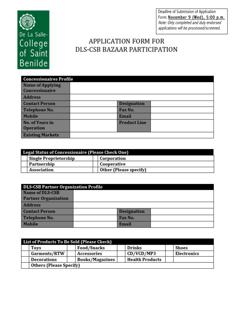 DLS-CSB Bazaar Participation Form | PDF | Justice | Crime & Violence