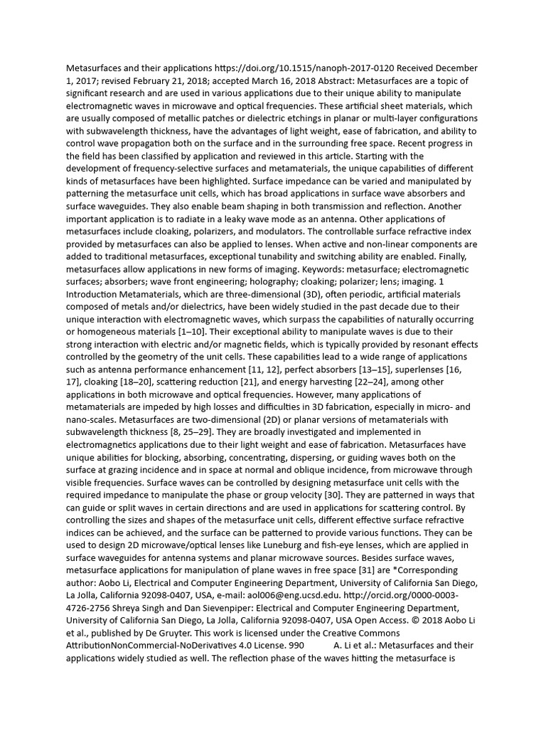 Metasurfaces and Their Applications | PDF | Metamaterial | Antenna (Radio)