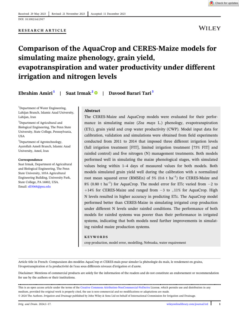 Irrigation and Drainage - 2024 - Amiri - Comparison of The AquaCrop and CERES Maize Models For ...