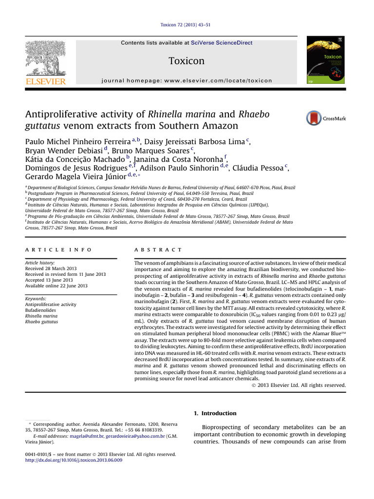 Antiproliferative Activity of Rhinella Marina and Rhaebo Guttatus ...
