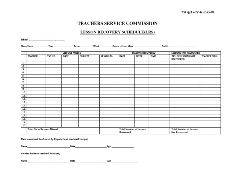 TPAD Lesson Recovery Schedule LRS | PDF