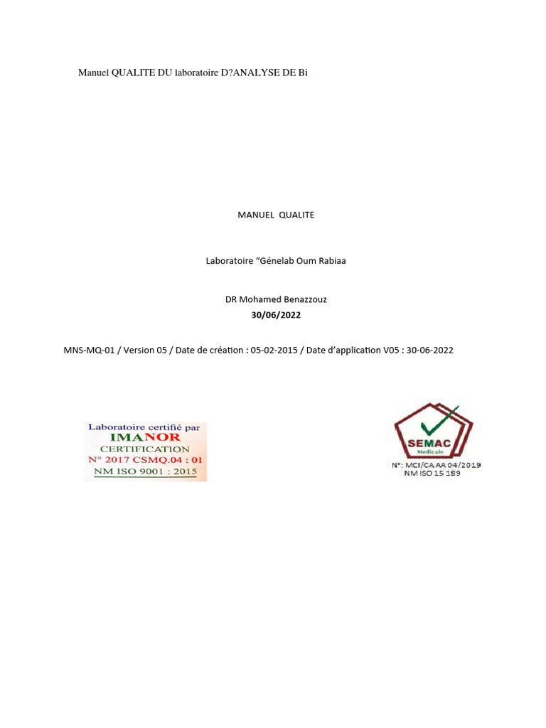 Manuel Qualité du Laboratoire Génelab | PDF | Système de management de ...