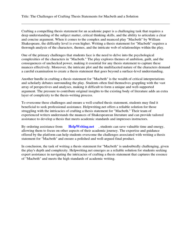 Thesis Statements For Macbeth | PDF | Macbeth
