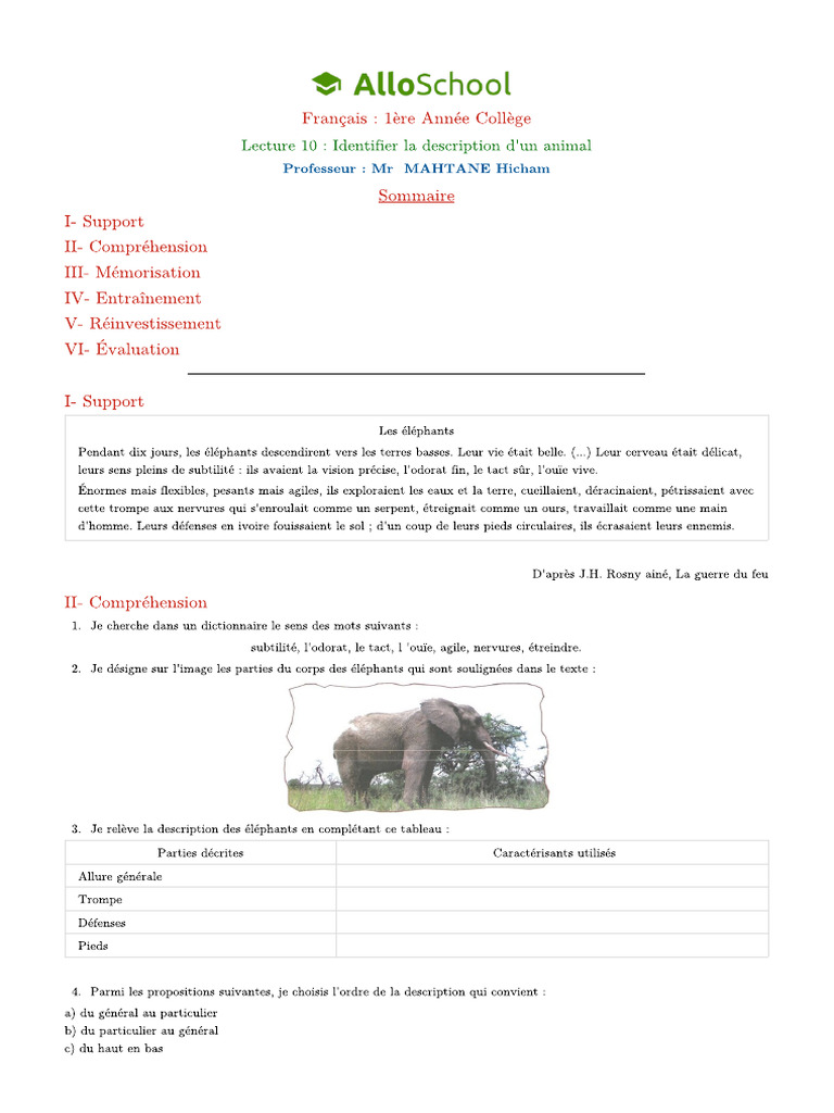 Lecture 10 Identifier La Description D Un Animal 2 | PDF
