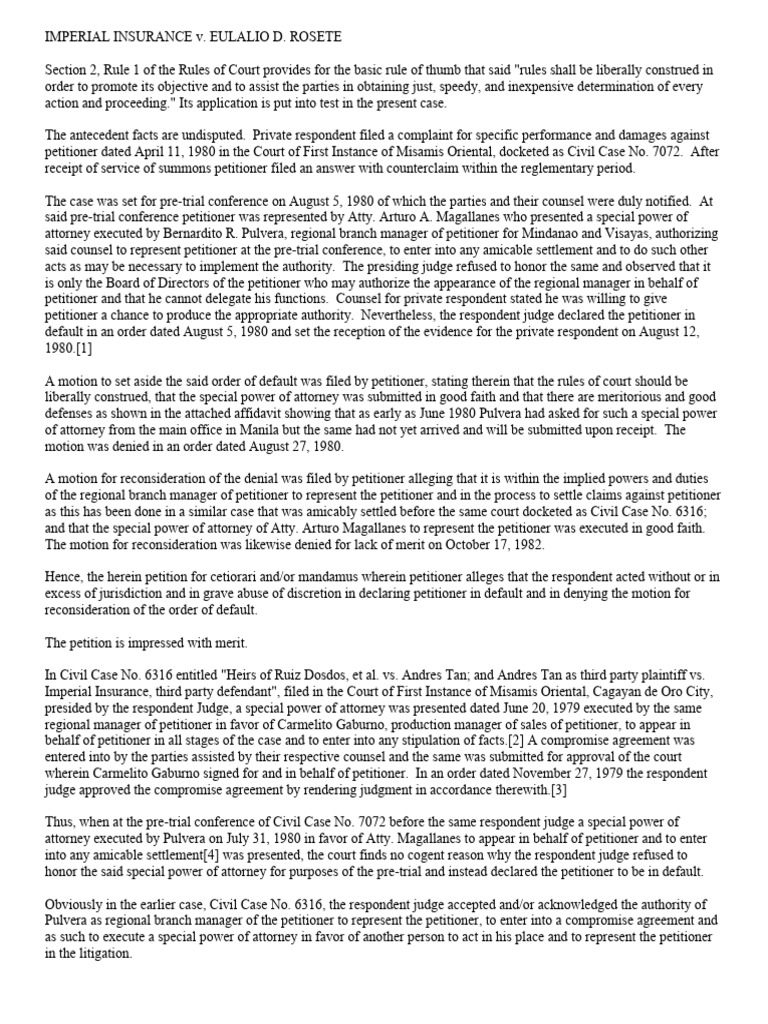 Imperial Insurance v. Rosete Case Review | PDF | Lawsuit | Public Law