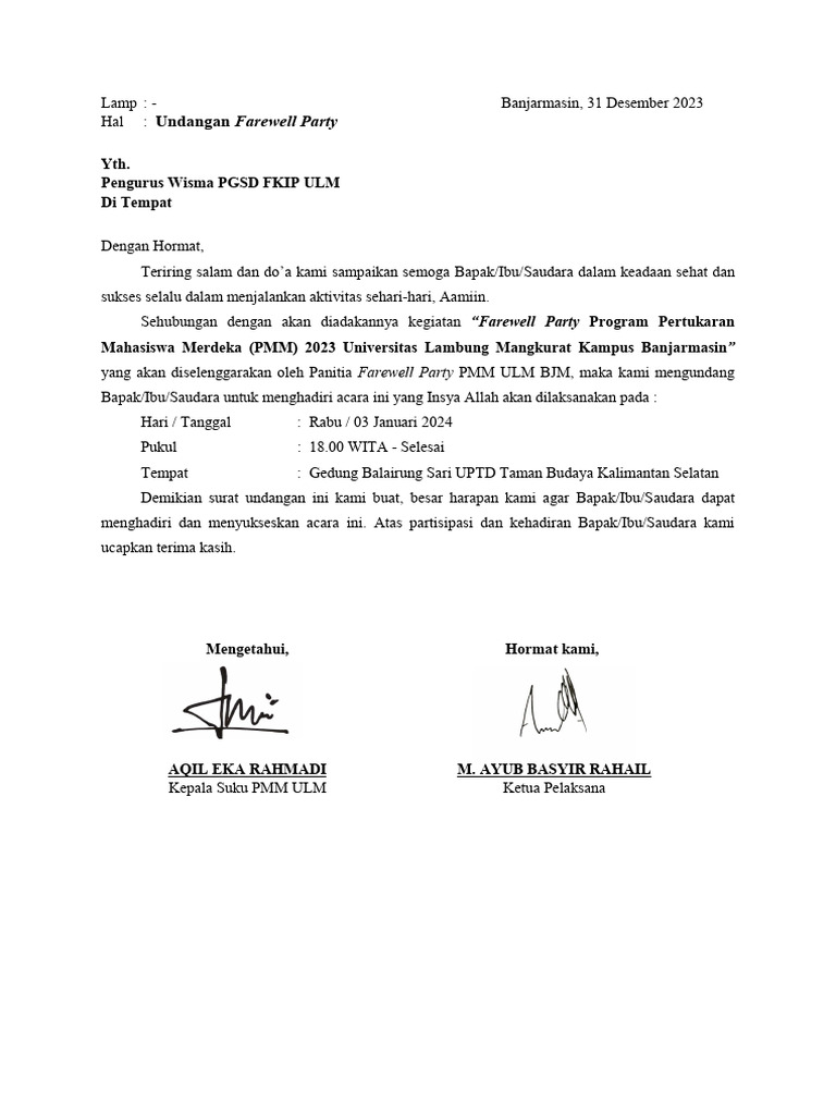 002 - Undangan Farewell Party PMM 3 ULM (Pengurus Wisma PGSD) | PDF