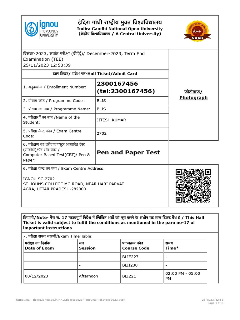 IGNOU December 2023 Exam Guide | PDF