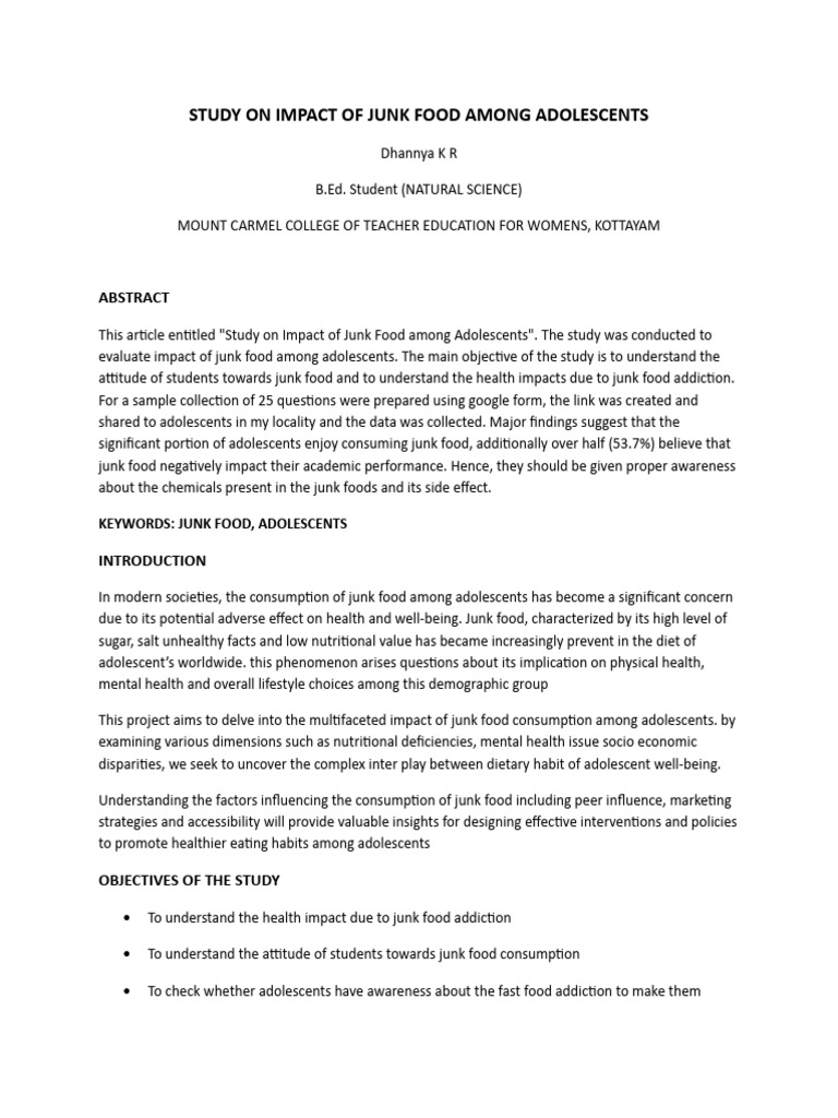 Project Report | PDF | Junk Food | Adolescence