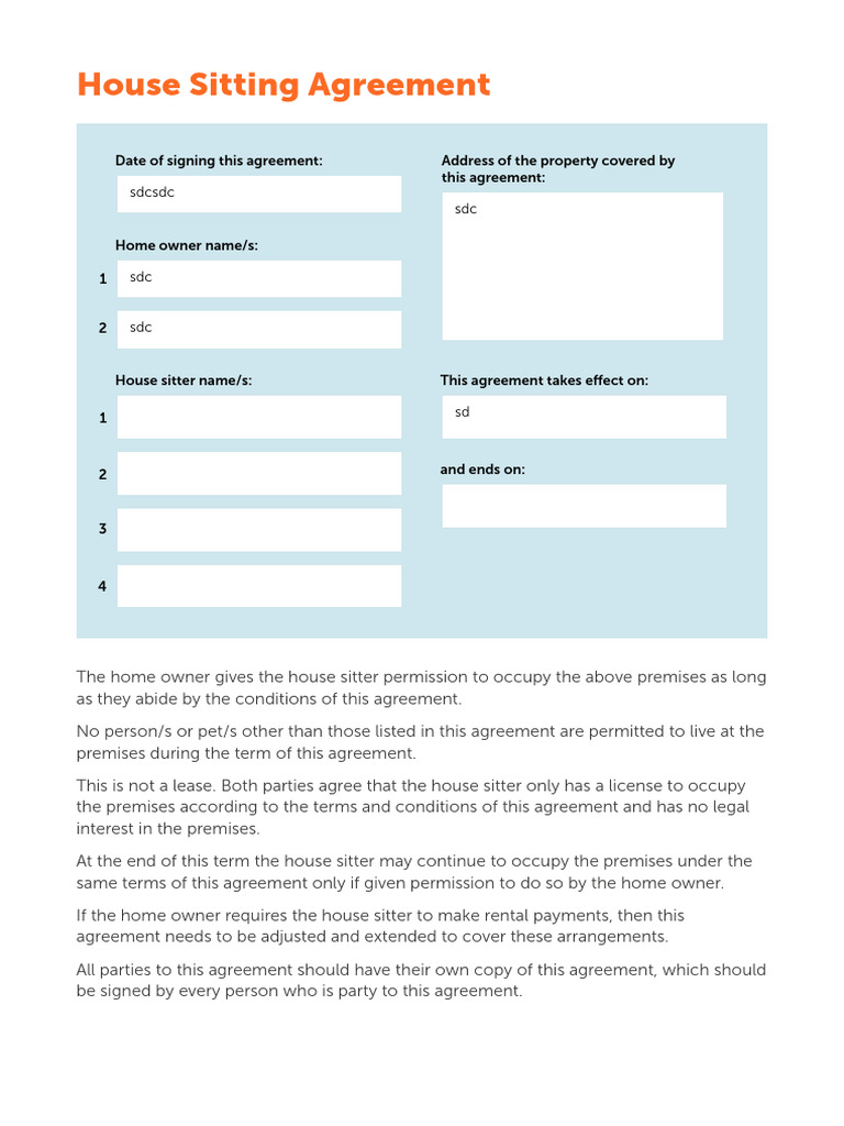 House Sitting Agreement | PDF | Subscription Business Model | Expense